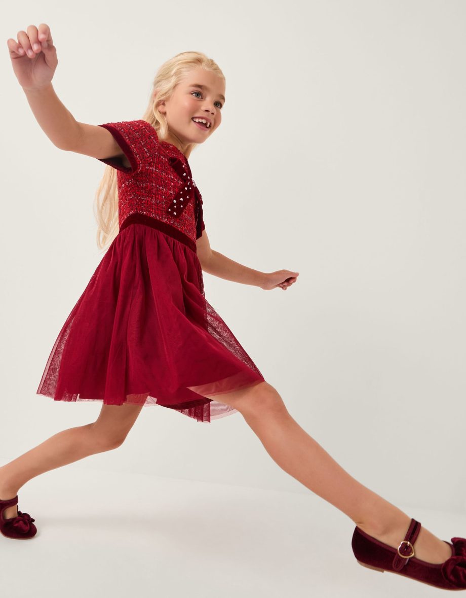 Diamanté Bow Tweed Party Dress Red - Monsoon Accessorize Malta